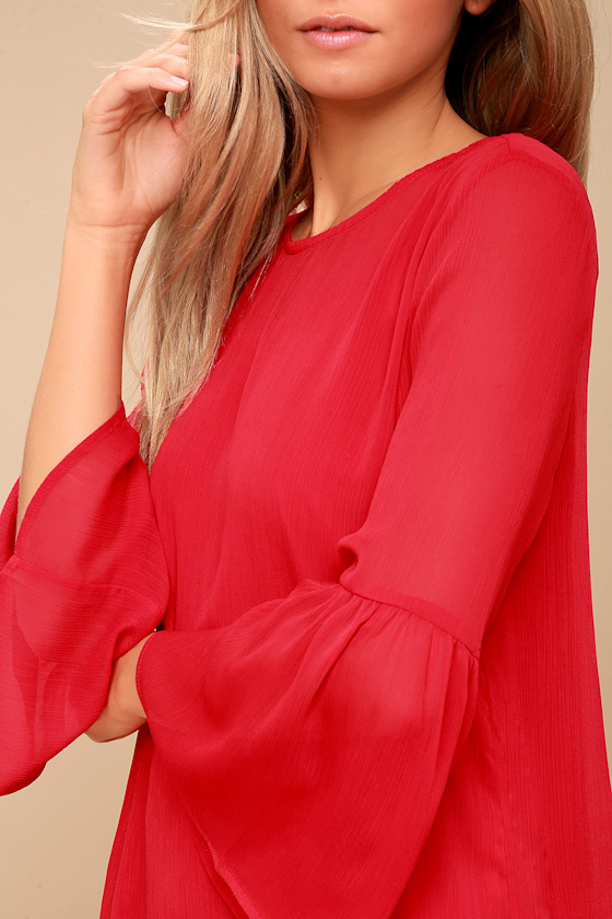 Chic Red Top - Long Sleeve Top - Flounce Sleeve Top