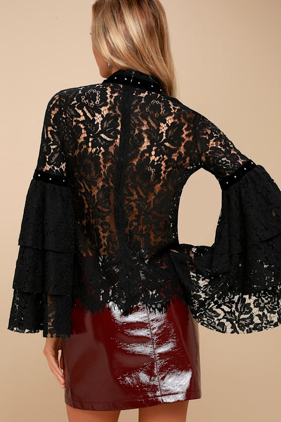 Sexy Black Lace Top - Sheer Top - Bell Sleeve Top