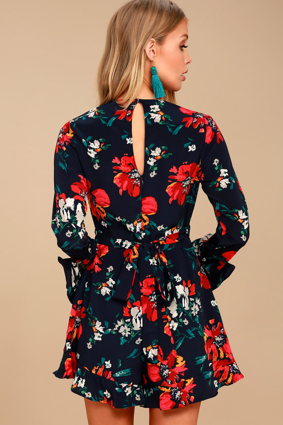 Cute Floral Print Romper Long Sleeve Romper Wrap Romper