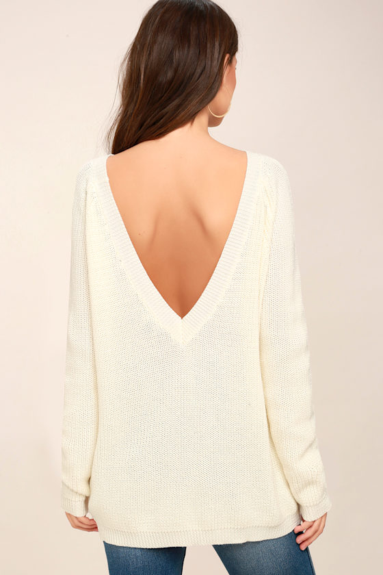 Cream Knit Sweater- Backless Sweater - V-Back Sweater