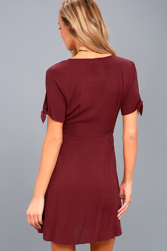 Cute Burgundy Dress - Wrap Dress - Short Sleeve Dress