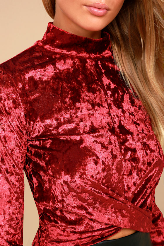Wine Red Velvet Crop Top - Mock Neck Crop Top