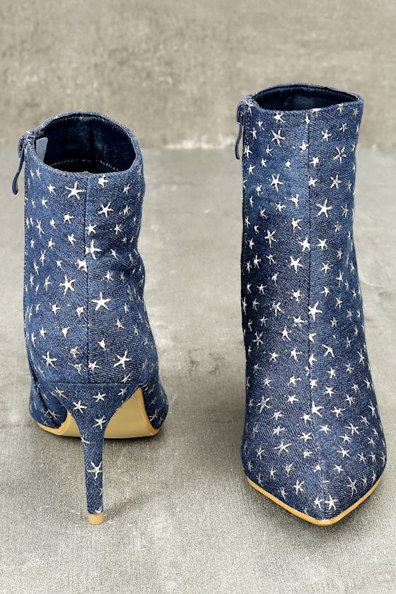 Chic Star Print Booties - Denim Blue Booties - Ankle Booties