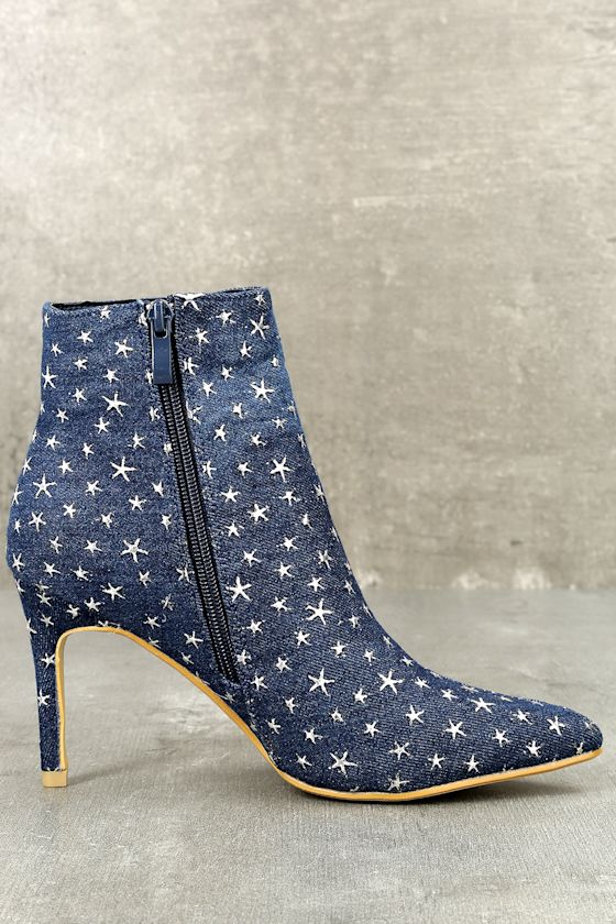 Chic Star Print Booties - Denim Blue Booties - Ankle Booties