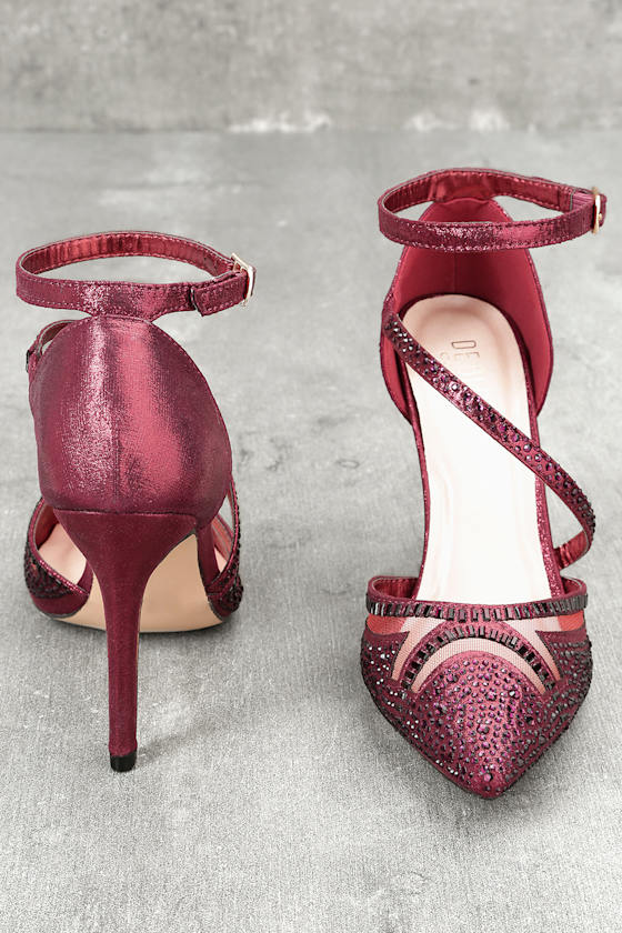 Chic Rhinestone Heels - Wine Red Heels - Anklestrap Heels