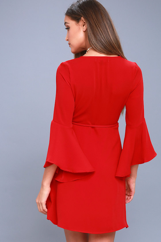 Chic Red Dress - Wrap Dress - Flounce Sleeve Dress