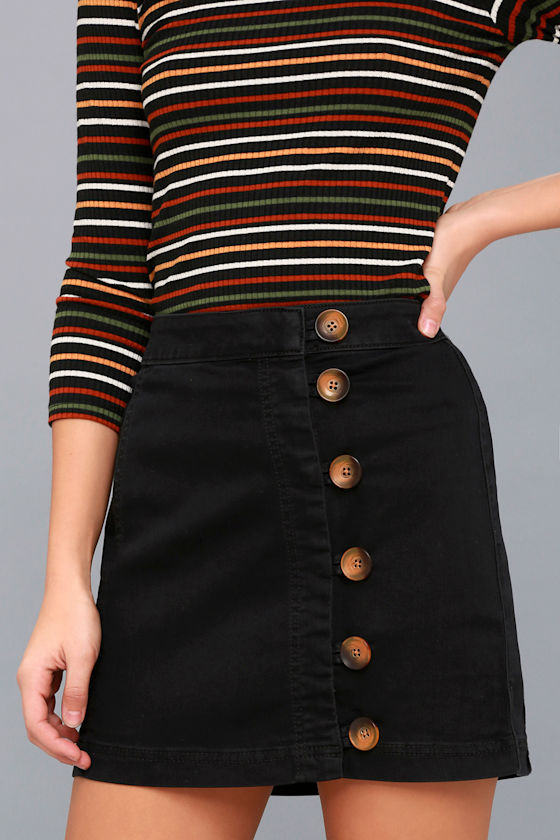 Free People Little Daisies - Black Button-Front Mini Skirt