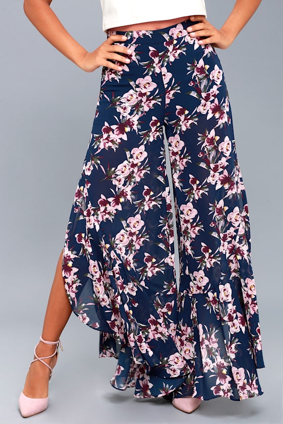 Floral Print Pants - Slit Wide-Leg Pants - Ruffle Hem Pants