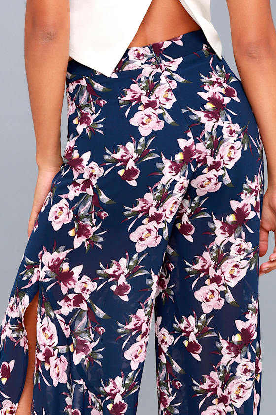 Floral Print Pants - Slit Wide-Leg Pants - Ruffle Hem Pants