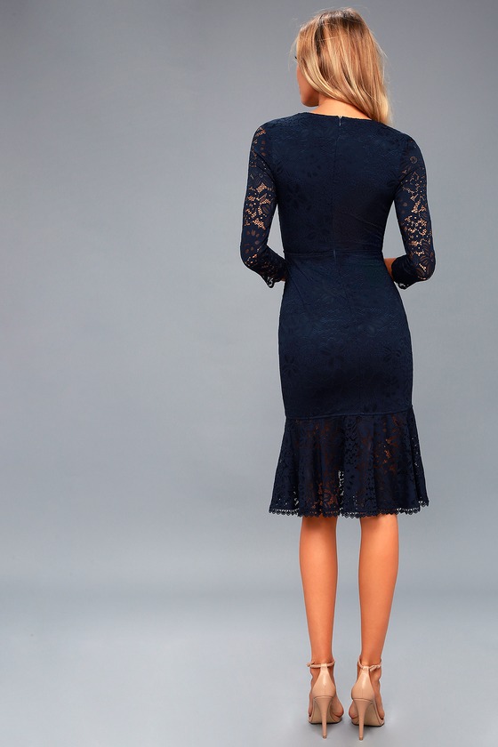 Chic Lace Midi Dress Ruffled Lace Dress Blue Lace Dress