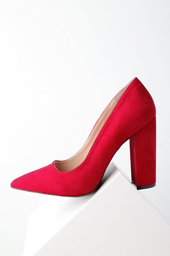 Chic Vegan Red Suede Pumps - Suede Pumps - Block Heel Pumps