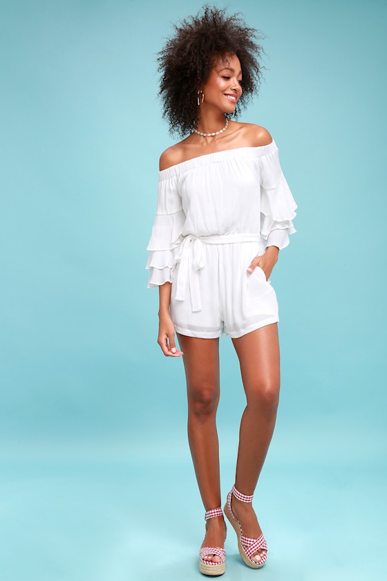 Cute White Flounce Sleeve Romper - OTS Romper