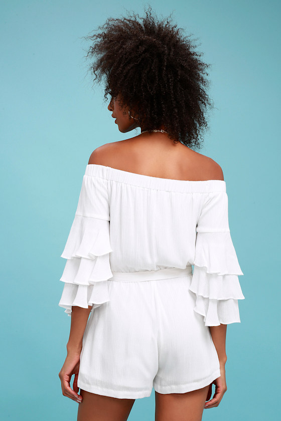Cute White Flounce Sleeve Romper - OTS Romper