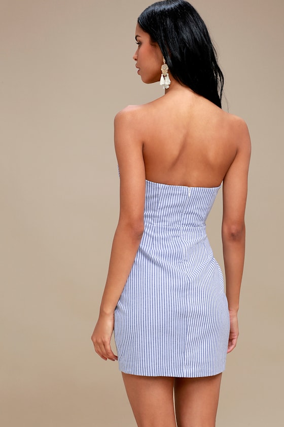 Cute Blue Striped Dress - Strapless Dress - Knotted Dress