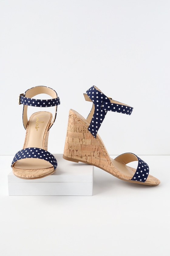 Cute Blue And White Polka Dot Wedge Sandals Cork Wedges