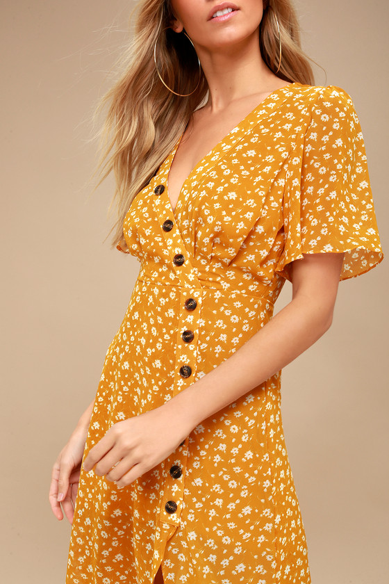 Cute Yellow Floral Print Dress Midi Dress High Low Dress