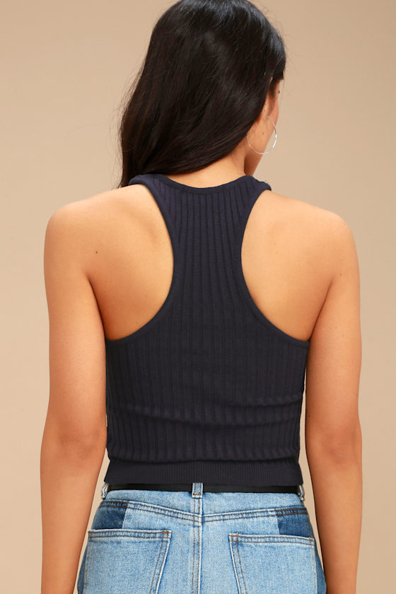Cute Navy Blue Tank Top - Cropped Tank Top - Ribbed Knit Top