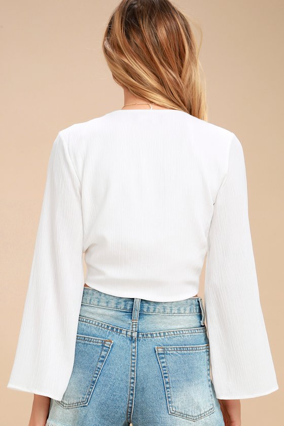 Chic Tie Front Top Crop Top Long Sleeve Top White Top