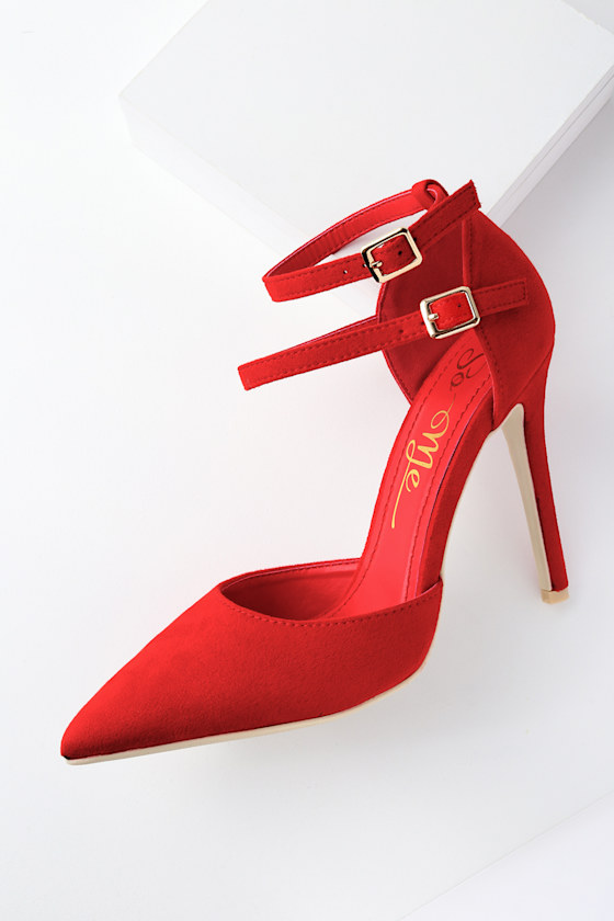 Chic Ankle Strap Pumps - Red Pumps - Vegan Suede Pumps