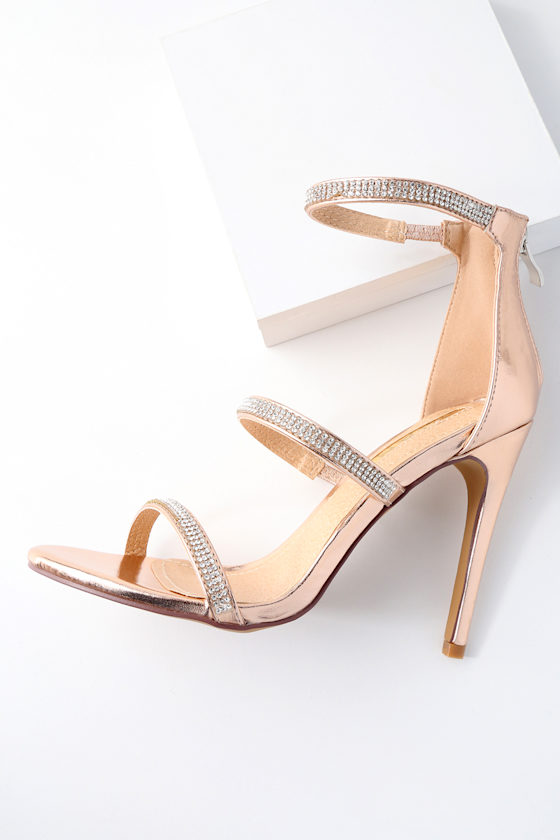 Rose Gold Vegan Suede Heels - Rhinestone Ankle Strap Heels