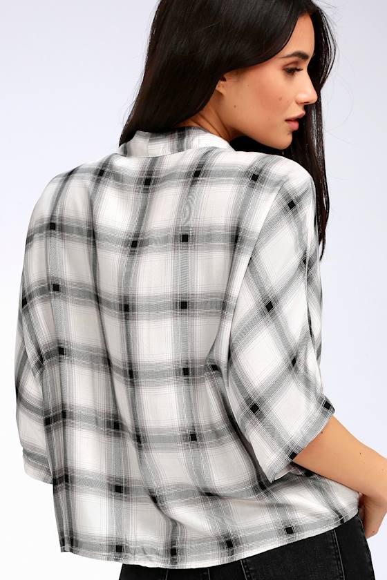 Cute Grey Plaid Top - Tie-Front Top - Button Down Top