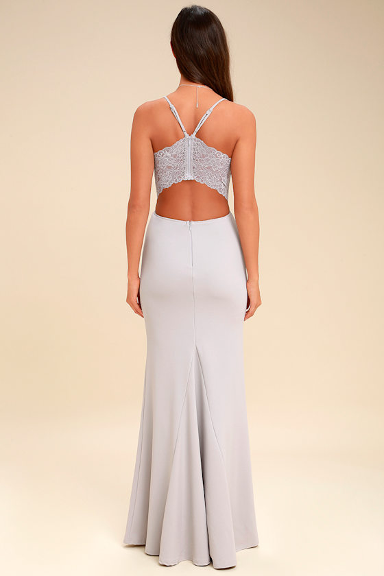 Chic Light Grey Maxi Dress - Lace Dress - Backless Dress