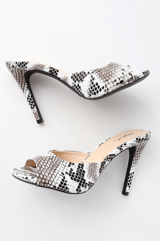 Chic Snake Print Mules - Stiletto Mules - Peep Toe Mules
