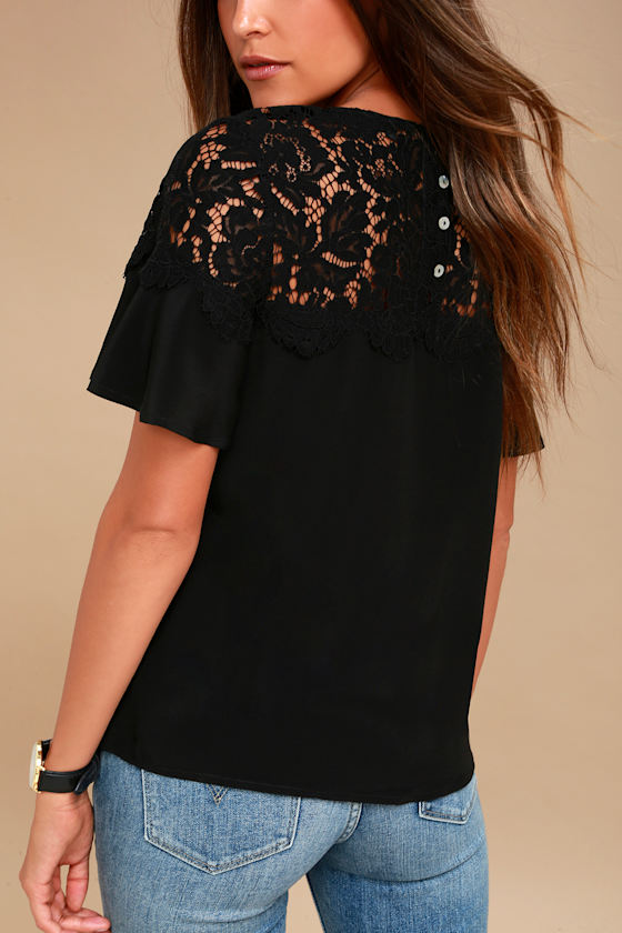 Cute Black Top - Black Lace Top - Short Sleeve Top
