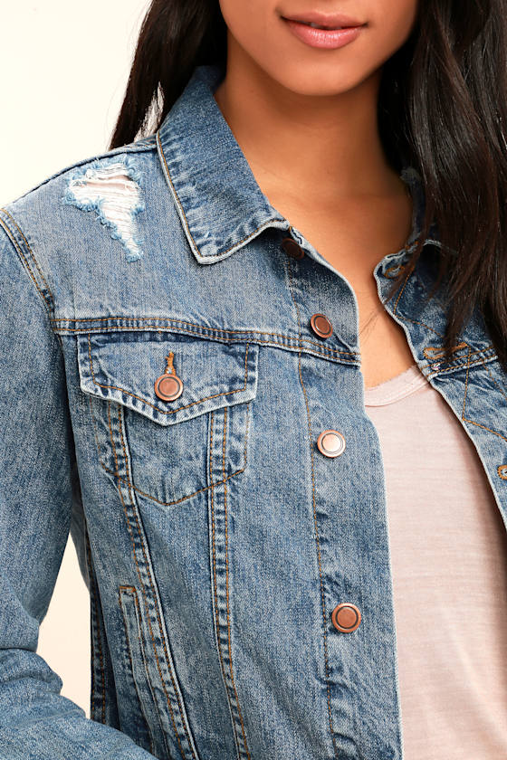 Jean Jacket - Distressed Denim Jacket - Medium Wash Jacket