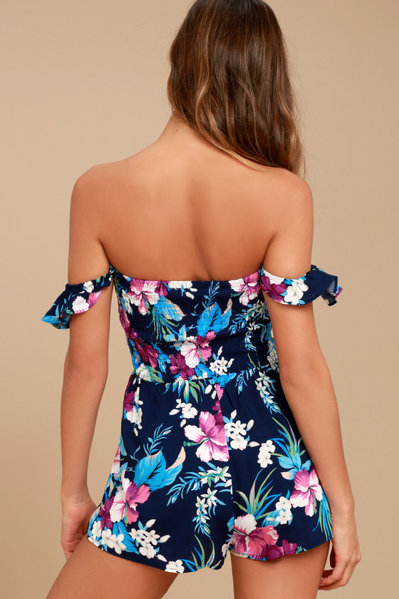 Navy Blue Romper Floral Romper Off The Shoulder Romper