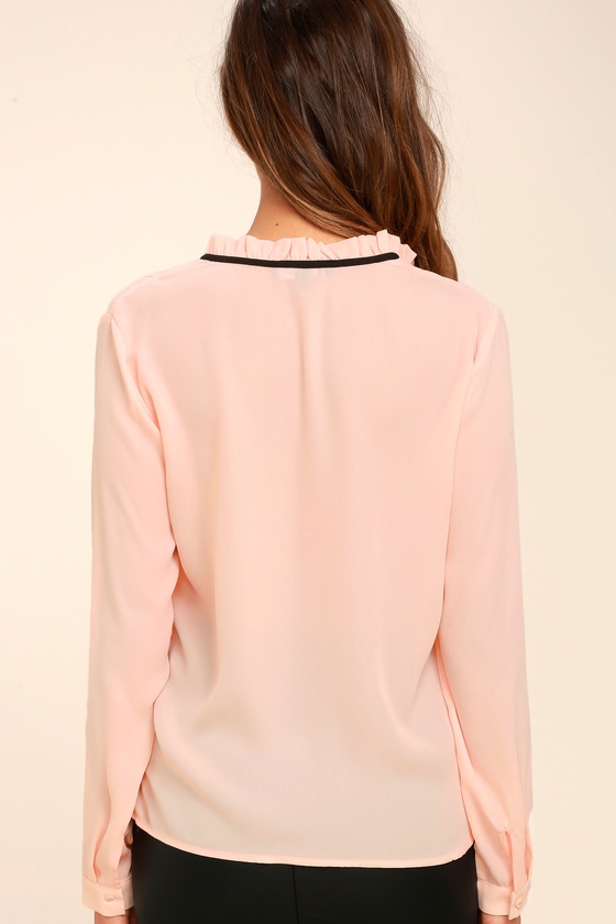 Chic Blush Pink Blouse Long Sleeve Blouse Tie Neck Blouse