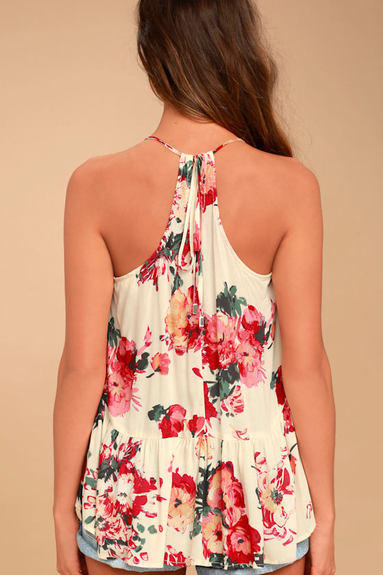 Cute Cream Floral Print Top - Tank Top - Sleeveless Top