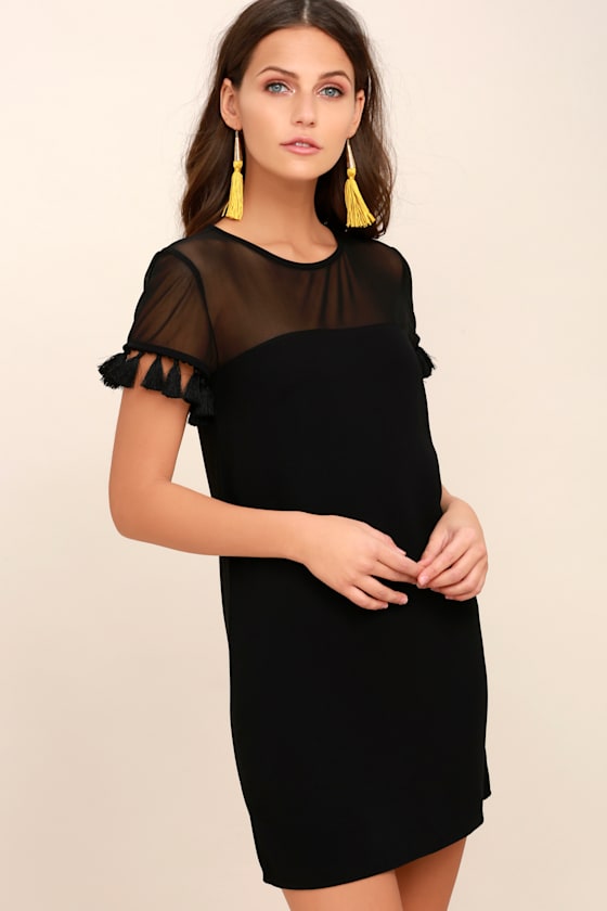 Cool Black Dress - Shift Dress - Mesh Dress - Tassel Dress