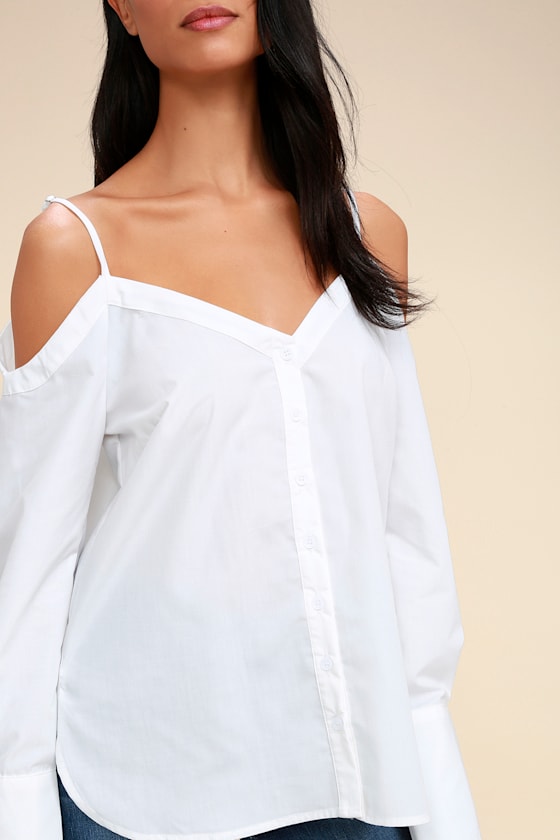 Cute White Top - Off-The-Shoulder Top - Button-Up Top