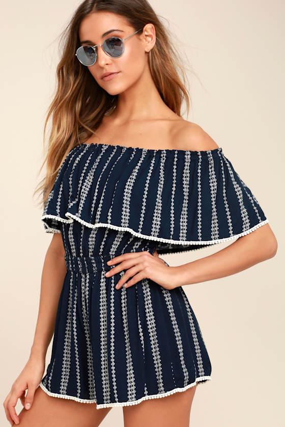 Boho Romper - Navy Blue Romper - Off-the-Shoulder Romper