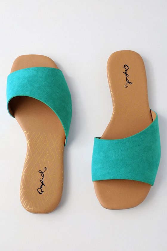 Cute Teal Sandals - Slide Sandals - Vegan Suede Sandals