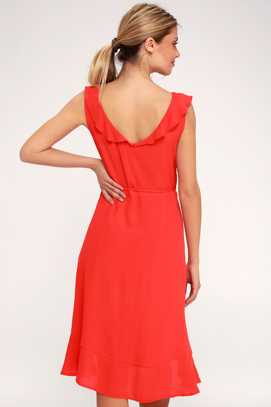 Cute Coral Red Dress Wrap Dress Ruffled Midi Dress