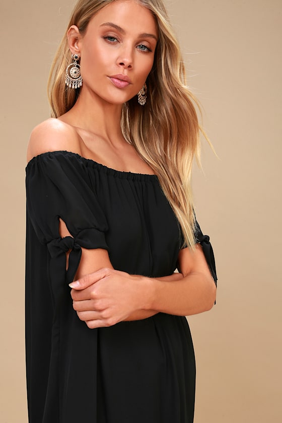 Cute Black Dress - Off-the-Shoulder Dress - Lace Shift Dress