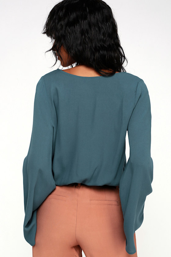 Cute Slate Blue Top - Long Sleeve Top - Surplice Top
