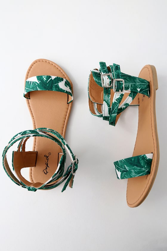 Green and White Tropical Print Sandals - Ankle Strap Sandals