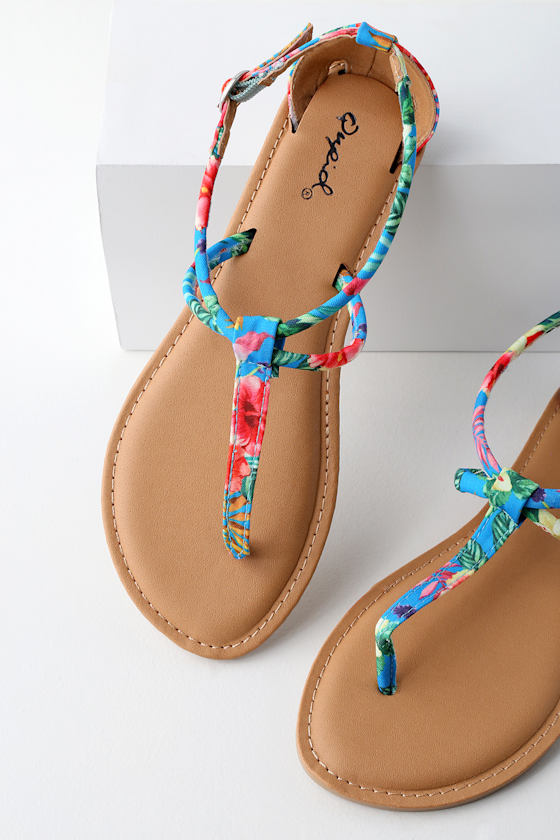 Cute Blue Multi Tropical Print Sandals - Ankle Strap Sandals