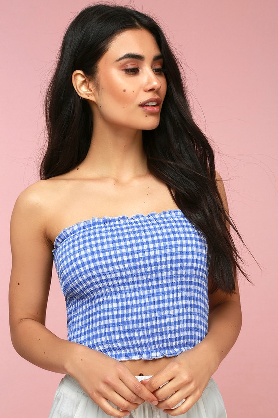 Light Blue Gingham Tube Top Gingham Strapless Crop Top