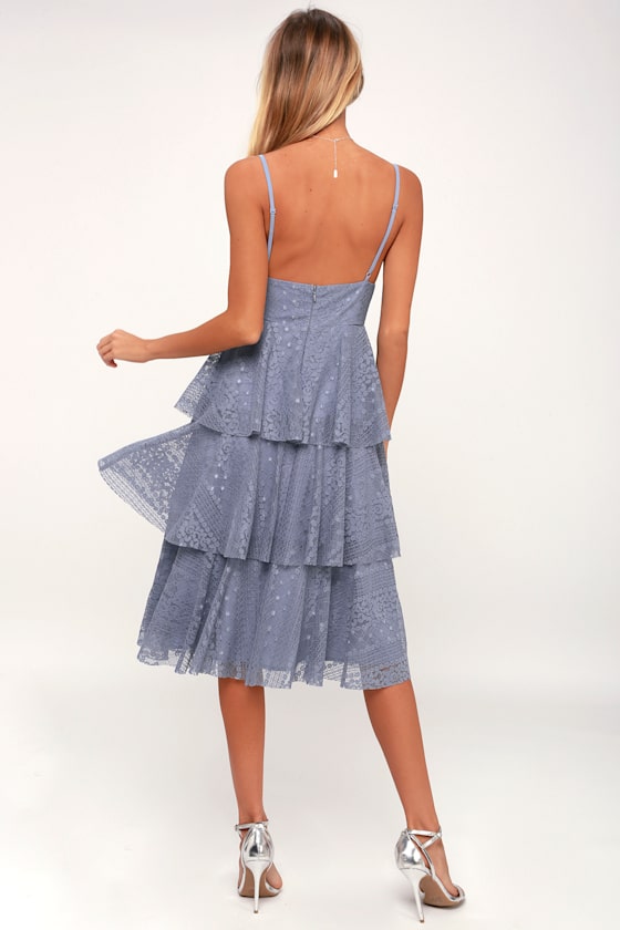 Cute Light Blue Dress - Lace Dress - Midi Dress - Ruffled Dress