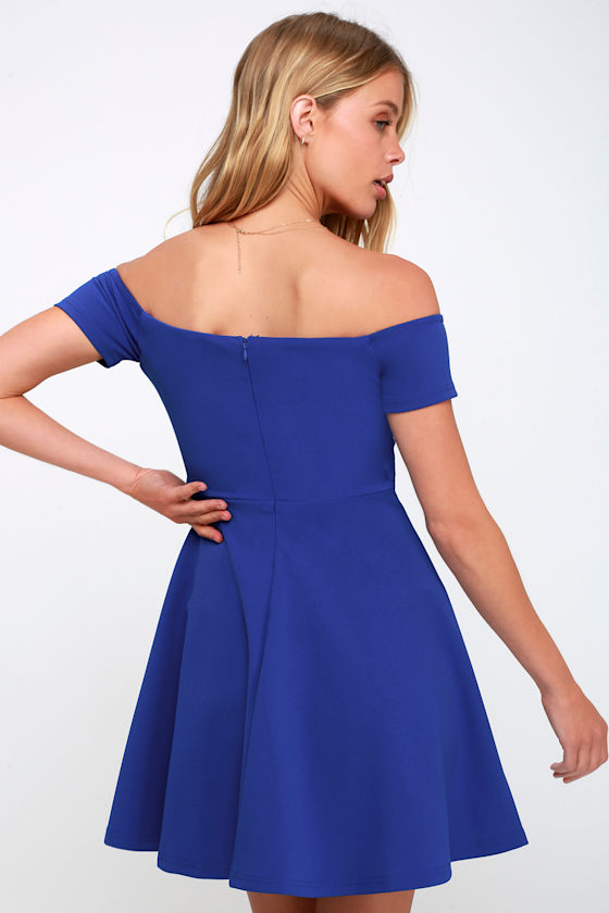 Cute Cobalt Blue Dress - Off-the-Shoulder Dress - Skater Dress