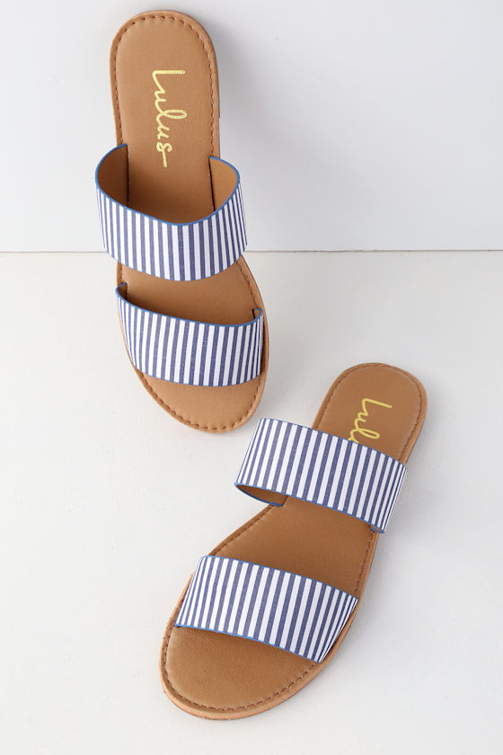 Cute Striped Sandals - Slide Sandals - Flat Sandals - Blue Slides