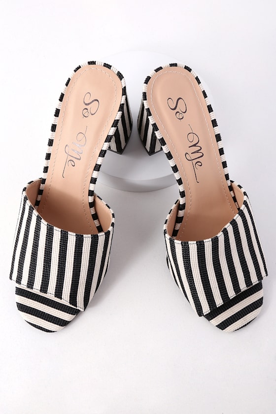Cute Striped Mules - Black and White Mules - Peep-Toe Mules