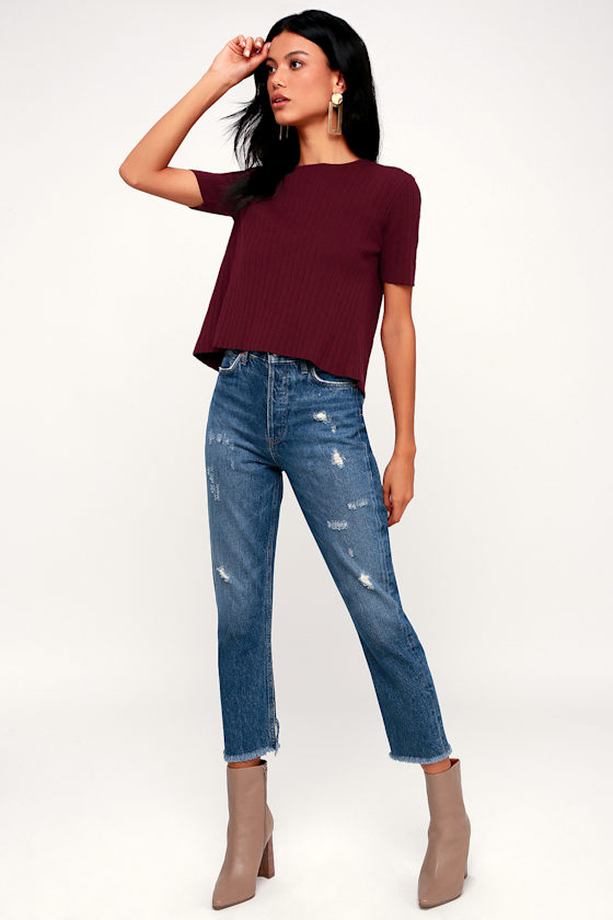 Chic Burgundy Sweater Top - Ribbed Knit Crop Top - Split Back Top