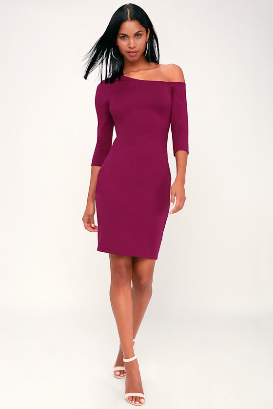 Cute Magenta Dress - Bodycon Dress - Off-the-Shoulder Dress