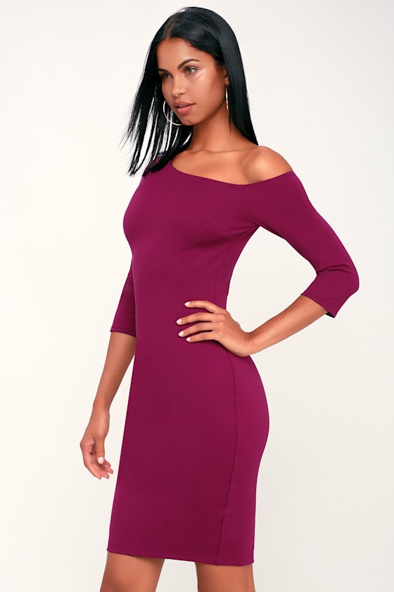 Cute Magenta Dress - Bodycon Dress - Off-the-Shoulder Dress