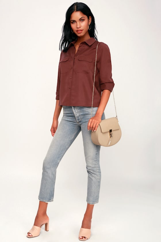Classic Washed Burgundy Top - Button-Up Top - Long Sleeve Top
